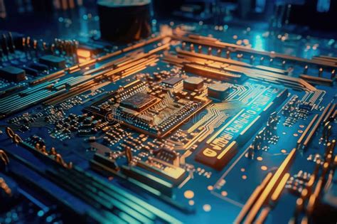 Close Up Of An Electrical Printed Circuit Board Multicore Gold And Blue Super Powerful Stock