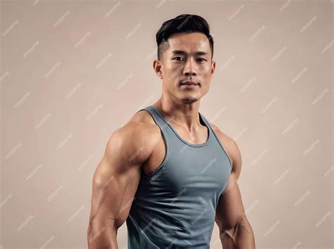 Masculine Muscle Asian Guy With Blue Tank Top Looking At Camera
