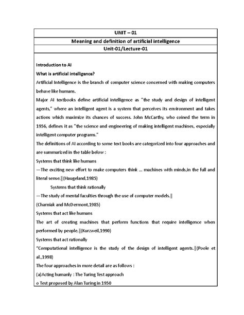 Notes Artificial Intelligence Unit 1 Unit 01 Meaning And Definition
