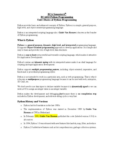 Unit 1 Python Programming Basics Bca Semester 6th Bca614 Python