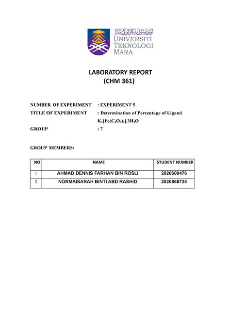 LAB Report CHM361 EXP5 LABORATORY REPORT CHM 361 NUMBER OF EXPERIMENT EXPERIMENT 5 TITLE