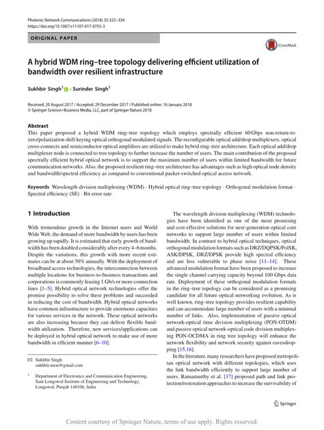 A Hybrid Wdm Ringtree Topology Delivering Efficient Utilization Of Bandwidth Over Resilient