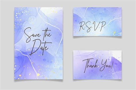 황금 얼룩이있는 보라색 시안 파란색 액체 수채화 배경 청록색 보라색 대리석 알코올 잉크 그리기 효과 웨딩 초대 메뉴 Rsvp에 대한 벡터 일러스트 디자인 템플릿 수채화에