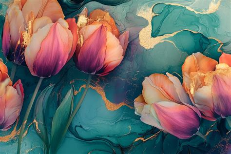 รูปภาพฟรี ภาพวาดอควาเรลที่น่าอัศจรรย์ของดอกทิวลิปสีส้มอมม่วงพร้อมพื้นหลังนามธรรมสีเขียวที่ทันสมัย