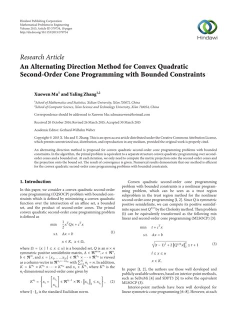 Pdf An Alternating Direction Method For Convex Quadratic Second Order Cone Programming With