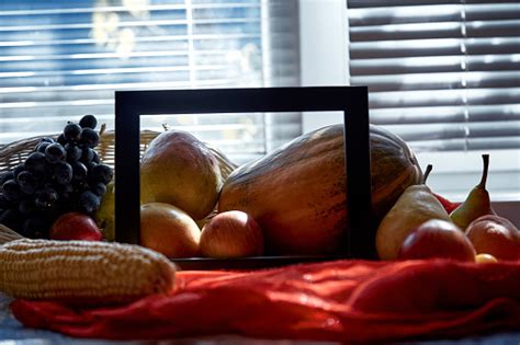 가을 크리에이티브 무드 보드 컨셉 과일과 채소 호박 옥수수 배 사과 포도 멜론을 검은 프레임에 포함시고 있습니다 추수 감사절 개념 트렌디한 그림자가 있는 가을의 미적 정물