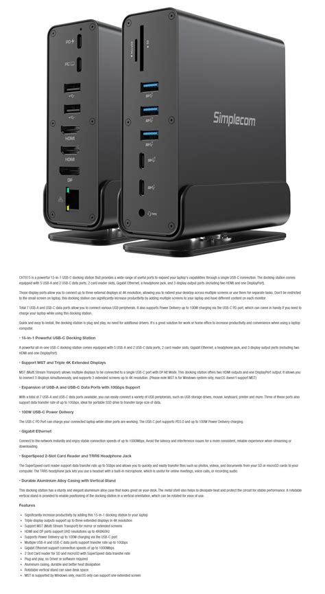 Simplecom CHT In USB C Docking Station W PD Laptops Notebooks Scorptec Computers