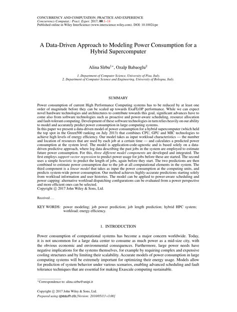 Pdf A Data‐driven Approach To Modeling Power Consumption For A Hybrid Supercomputer