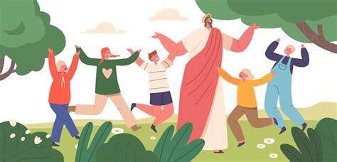 햇볕이 잘 드는 들판에서 예수 캐릭터와 즐거운 아이들 함께 춤을 추며 노는 아이들의 즐거운 웃음소리가 공기를 가득 채웁니다 프리미엄 벡터