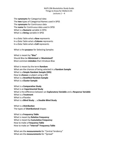 Biostats Midterm Study Guide NUFS Biostatistics Study Guide Things To Know For Midterm