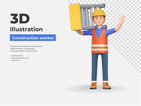 Premium Psd Construction Worker Carrying Ladder 3d Cartoon Character