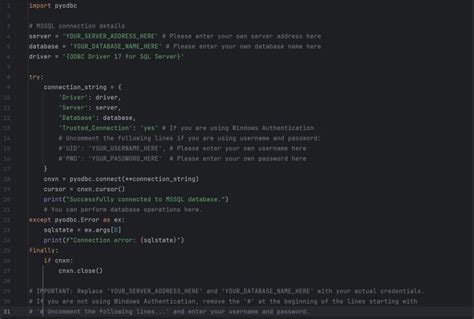 a basic and practical code example for connecting to an mssql database