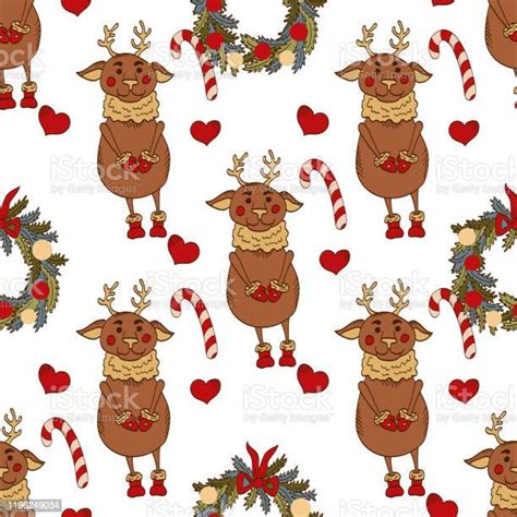 크리스마스 새해 패턴입니다 귀여운 사슴 사탕 지팡이와 크리스마스 화환 흰색 배경에 벡터 원활한 패턴입니다 12월에 대한 스톡 벡터 아트 및 기타 이미지 Istock
