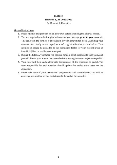 Ps1 Problem Set For AY2022 2023 1 EL1101E Semester 1 AY 2022 Problem Set 1 Phonetics