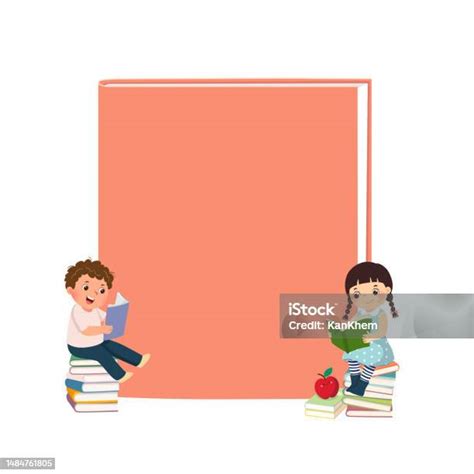 벡터 만화 소년과 소녀는 책 더미에 앉아 표지 책 배경으로 책을 읽는다 초등학교에 대한 스톡 벡터 아트 및 기타 이미지 초등학교 초등학생 초등학교 나이 Istock