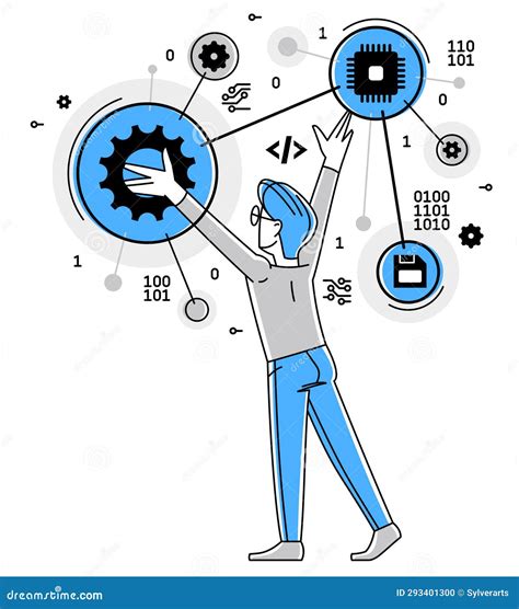 computer engineer in work vector outline illustration programmer and