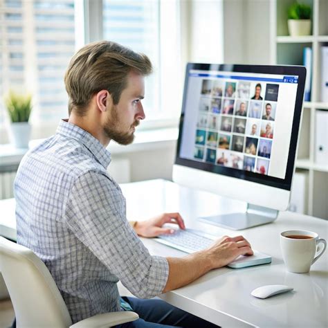 Person Working At A Computer Desk With A Social Media Layout In A