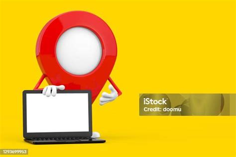 최신 노트북 컴퓨터 노트북과 디자인에 대한 빈 화면과 매핑 핀 캐릭터 마스코트 3d 렌더링 0명에 대한 스톡 사진 및 기타 이미지 Istock
