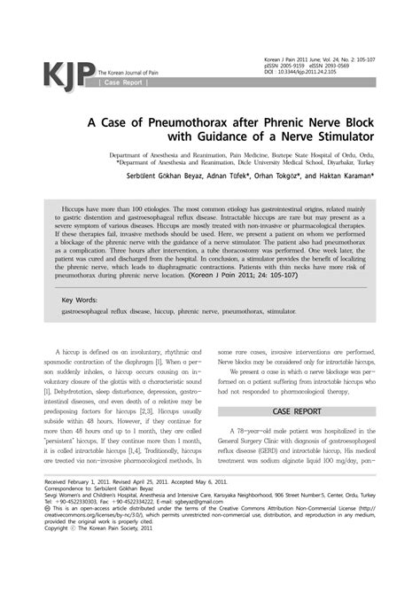 Pdf A Case Of Pneumothorax After Phrenic Nerve Block With Guidance Of A Nerve Stimulator