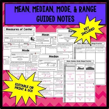 Measures Of Center Mean Median Mode Range Guided Notes Practice Mean Median And Mode Key