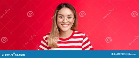 Close Up Cheerful Asian Blond Girl Wear Glasses Smiling Pleasant Give