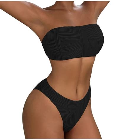 Vsssj Womens Bandeau Two Piece Bikini Swimsuits Strapless Top With High