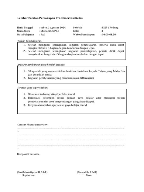 1 Lembar Catatan Percakapan Pra Observasi Kelas Pdf Sains And Matematika