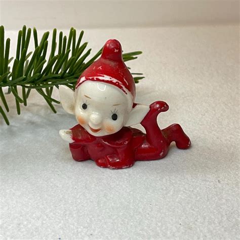 Vintage Christmas Pixie Elf Figure Red Hat Outfit Japan Lying Down Elf