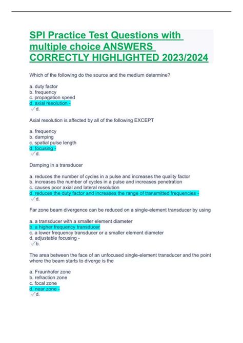 SPI Practice Test Questions With Multiple Choice ANSWERS CORRECTLY HIGHLIGHTED Nursing