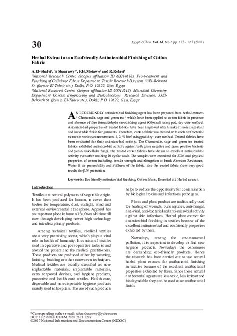 Pdf Herbal Extract As An Ecofriendly Antibacterial Finishing Of