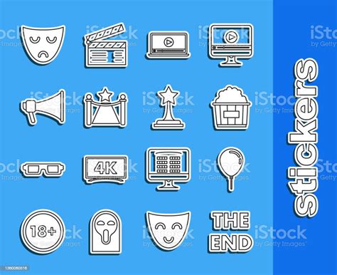 세트 라인 최종 필기 비문 리본 풍선 팝콘 골판지 상자 온라인 플레이 비디오 카펫 장벽 스타 메가 폰 드라마 연극 마스크와 영화 트로피 아이콘 벡터 3차원 형태에 대한 스톡