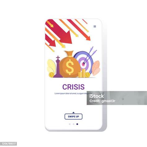 떨어지는 화살 감소 경제 스트레칭 상승 하락 금융 위기 실패 예산 붕괴 개념 하향 그래프 복사 공간 스마트 폰 화면 모바일 앱 가방에 대한 스톡 벡터 아트 및 기타 이미지