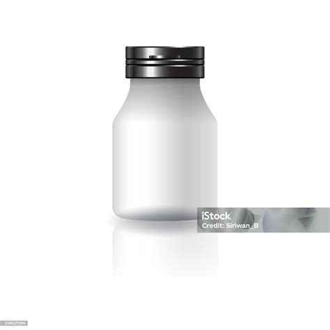 빈 흰색 둥근 보충제 아름다움 또는 건강 제품을위한 검은 색 캡 뚜껑이있는 약 병 그림자가 있는 흰색 배경에 고립되어 있습니다