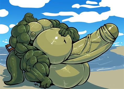Rule 34 Alligator Alligatorid Anthro Balls Beach Belly Big Balls Big Belly Big Muscles Big
