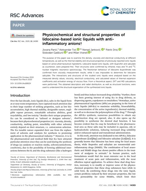 Pdf Physicochemical And Structural Properties Of Lidocaine Based Ionic Liquids With Anti