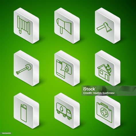 세트 라인 응급 처치 키트 물 배달 트럭 소방 호스 릴 전화 비상 전화 911 삽 메가 폰 라이터 및 불타는 집 아이콘 벡터 3차원 형태에 대한 스톡 벡터 아트 및 기타