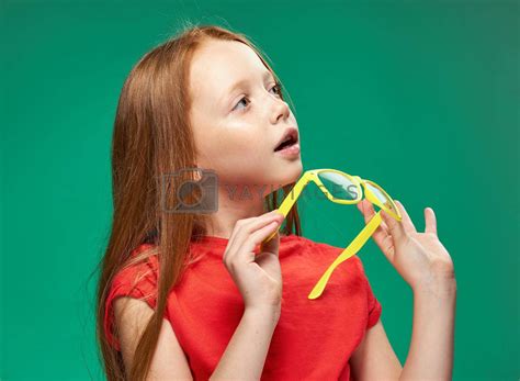 Cute Girl Red Hair Glasses Education School Green Background By