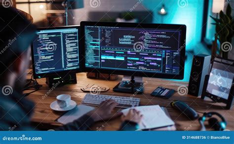 Software Developer Working On Code In Dual Monitor Setup Aig41 Stock