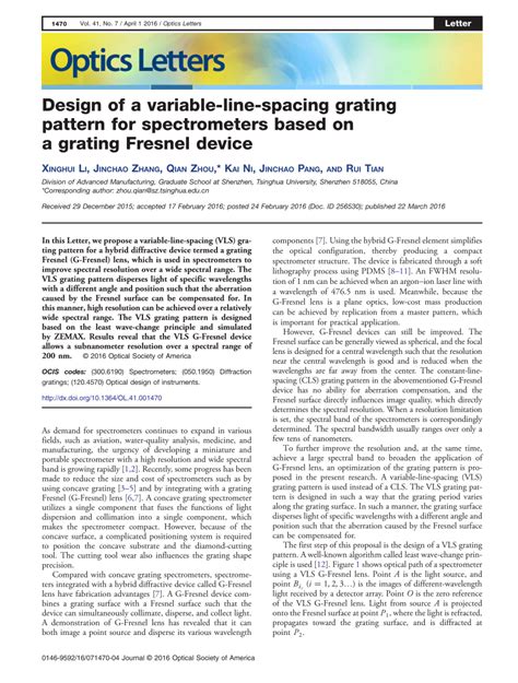 Pdf Design Of A Variable Line Spacing Grating Pattern For Spectrometers Based On A Grating