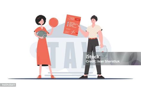 남자와 여자는 동전 돼지 저금통 및 세금 환급을 손에 들고 완전히 성장하고 있습니다 세금 납부 프레젠테이션을 위한 요소 가득 찬에 대한 스톡 벡터 아트 및 기타 이미지