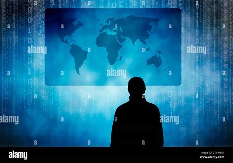 man in front of a world map and binary digits global security concept