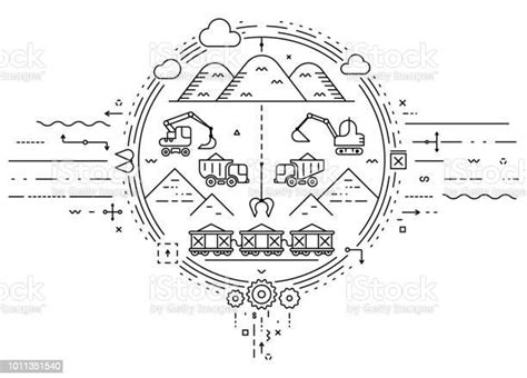 추출 광물 토양 모래 자갈의 글로벌 개념 굴 삭 기 및 덤퍼 트럭 및 화물 열차 교통 추출 플랫 인포 그래픽입니다 선형 삽화입니다 광업에 대한 스톡 벡터 아트 및 기타