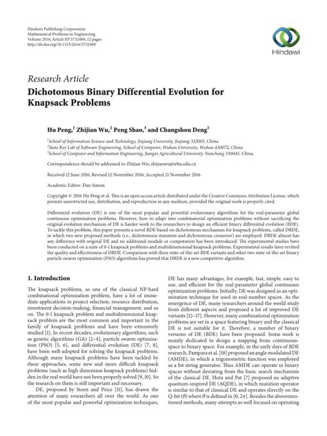pdf dichotomous binary differential evolution for knapsack problems