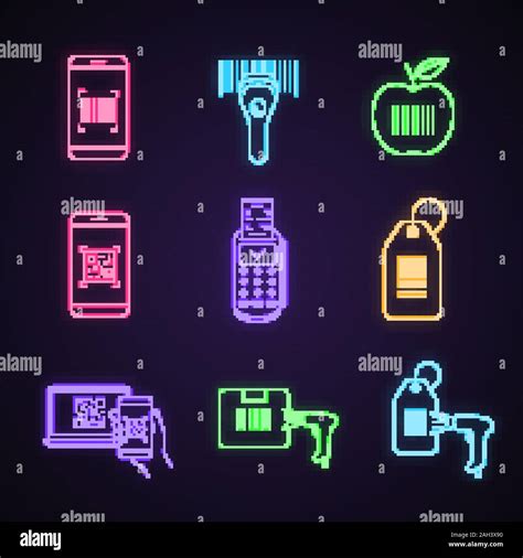 Barcodes Neon Light Icons Set Smartphone Barcode Scanning App Handheld Scanner Product Bar