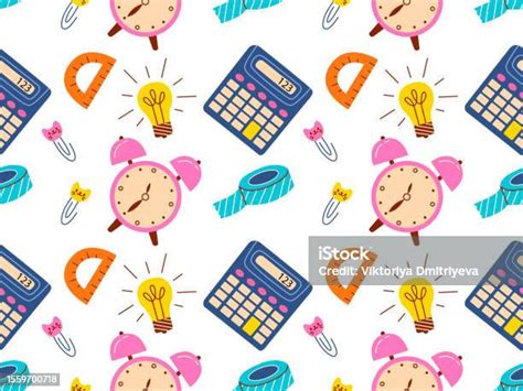 학용품의 원활한 패턴 학교로 돌아 가기 연구 학생 장비를 위한 다양한 액세서리 각도기에 대한 스톡 벡터 아트 및 기타 이미지