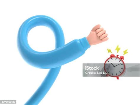 만화 제스처 아이콘 Mockuphand는 울리는 알람 시계 흰색 Backgroundlong 팔 개념에 3d 렌더링을 끕니다 3