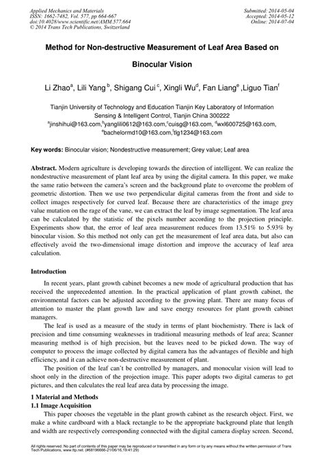 Pdf Method For Non Destructive Measurement Of Leaf Area Based On Binocular Vision