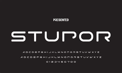 디지털 현대 알파벳 글꼴입니다 크리 에이 티브 추상 도시 미래 지향적 패션 스포츠 미니멀 테크놀로지 타이포그래피 숫자와 간단한 벡터 그림 가냘픈에 대한 스톡 벡터 아트 및