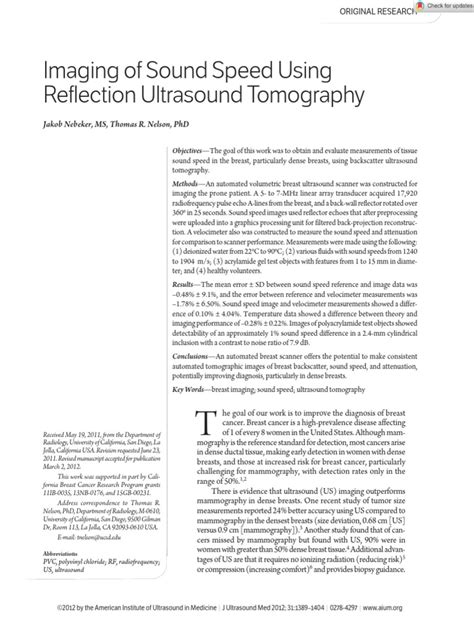 J Of Ultrasound Medicine 2012 Nebeker Imaging Of Sound Speed Using Reflection Ultrasound