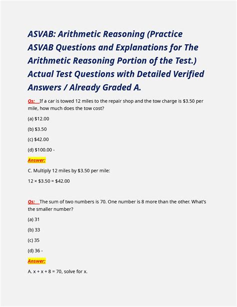 Asvab Arithmetic Reasoning Practice Asvab Questions And Explanations For The Arithmetic